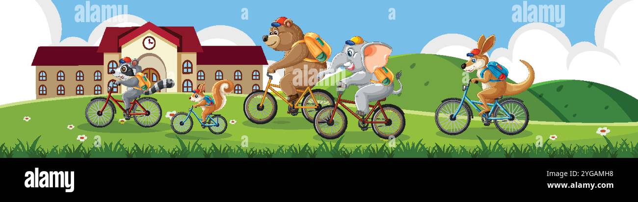 Animals riding bicycles near a school building Stock Vector Image & Art ...