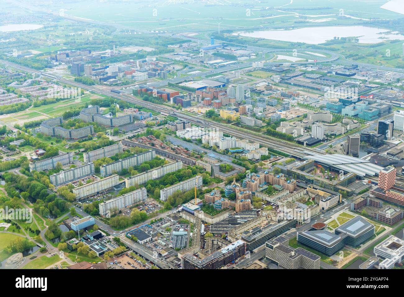 An aerial view of city Amsterdam, Netherlands, showing over rooftops of ...