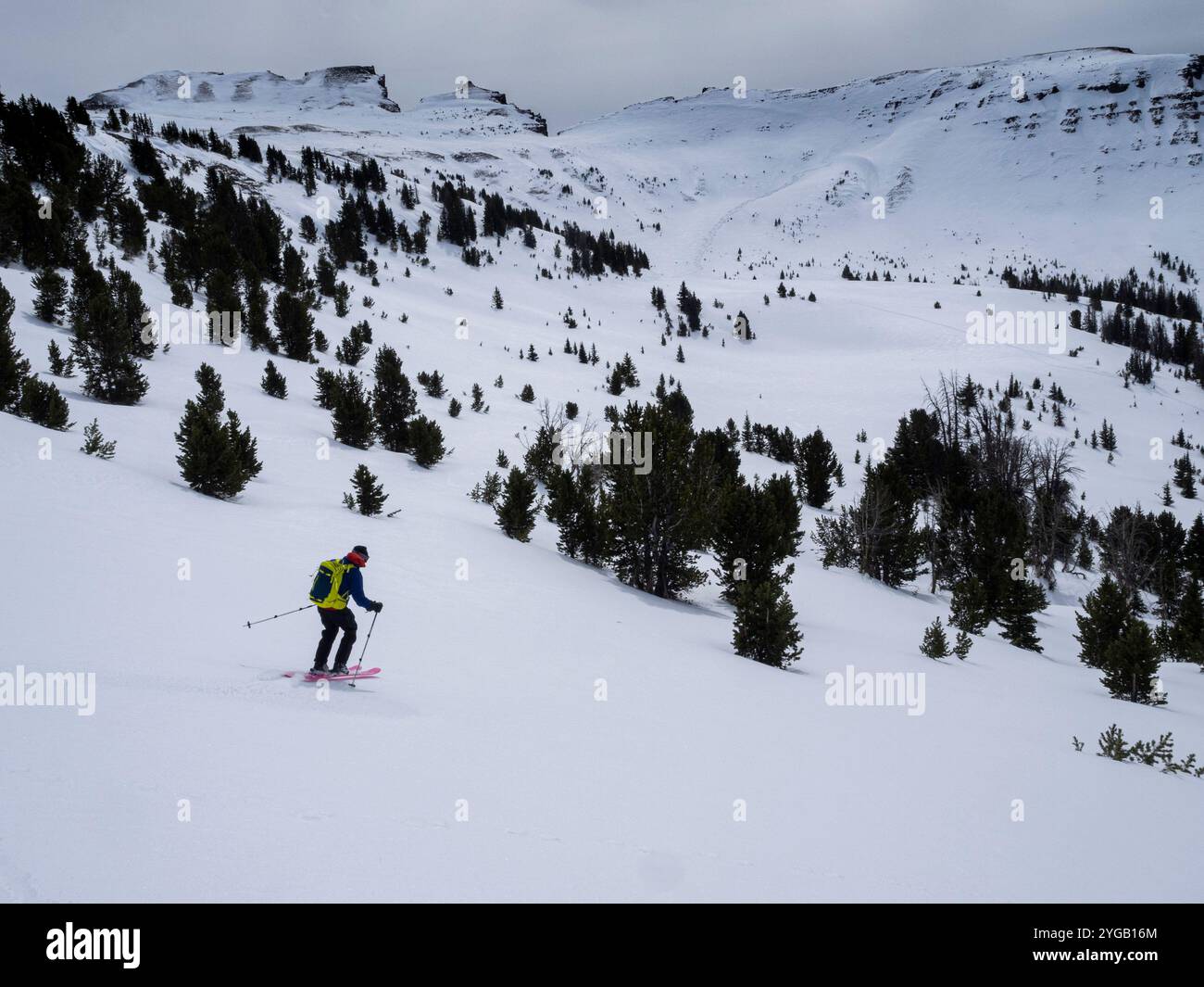 USA, Wyoming. Skier getting a powder run in Absaroka Mountains ...