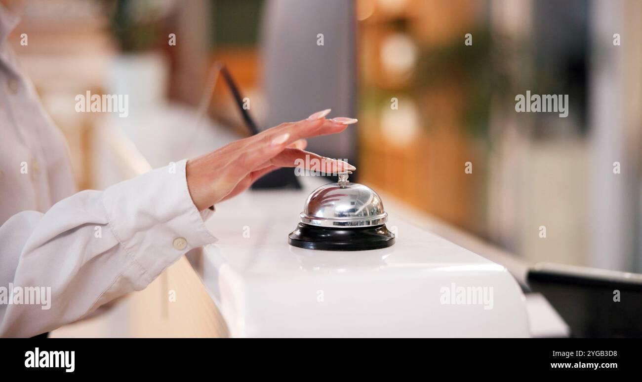 Hands, hotel and bell ring with woman at reception with waiting for ...