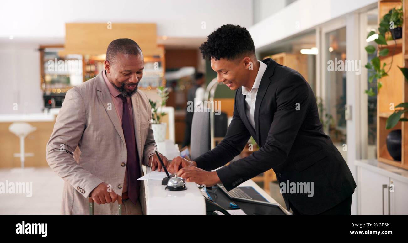Hotel, documents and man with receptionist sign for booking, guest room ...