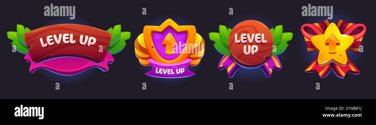 Bright game ui badges with Level Up text on colorful ribbons. Cartoon ...