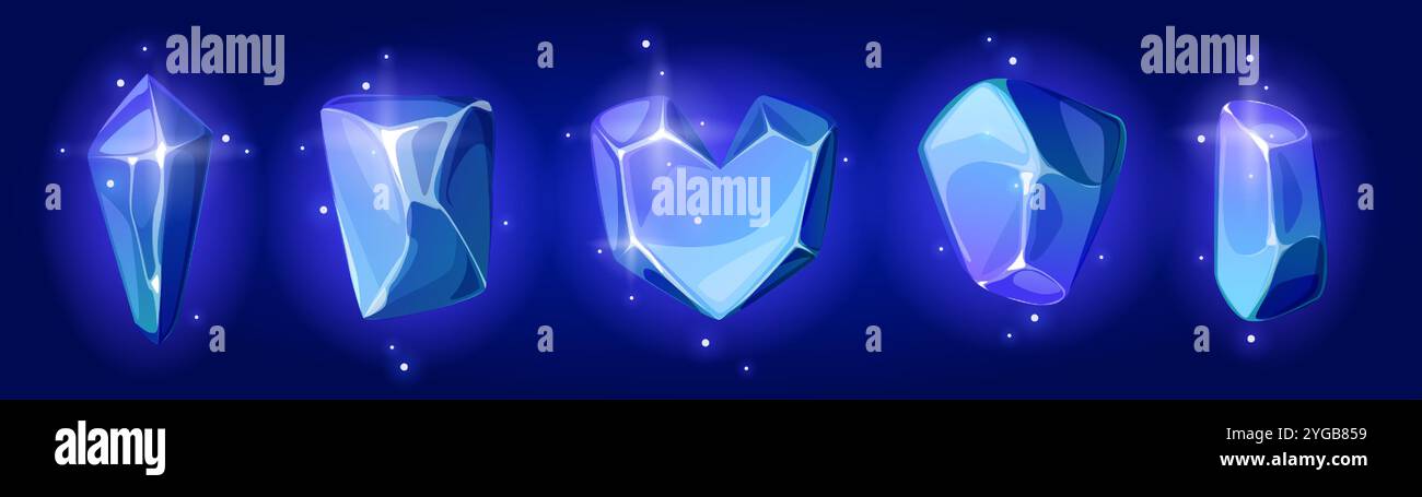 Magical collection of glowing ice crystals in various geometric shapes ...