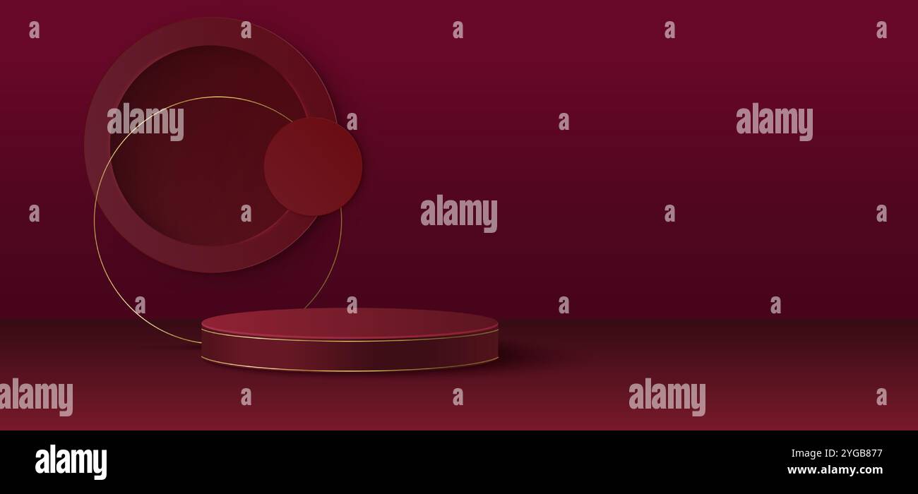 Deep red circular platform with trim and golden ring decor on dark ...