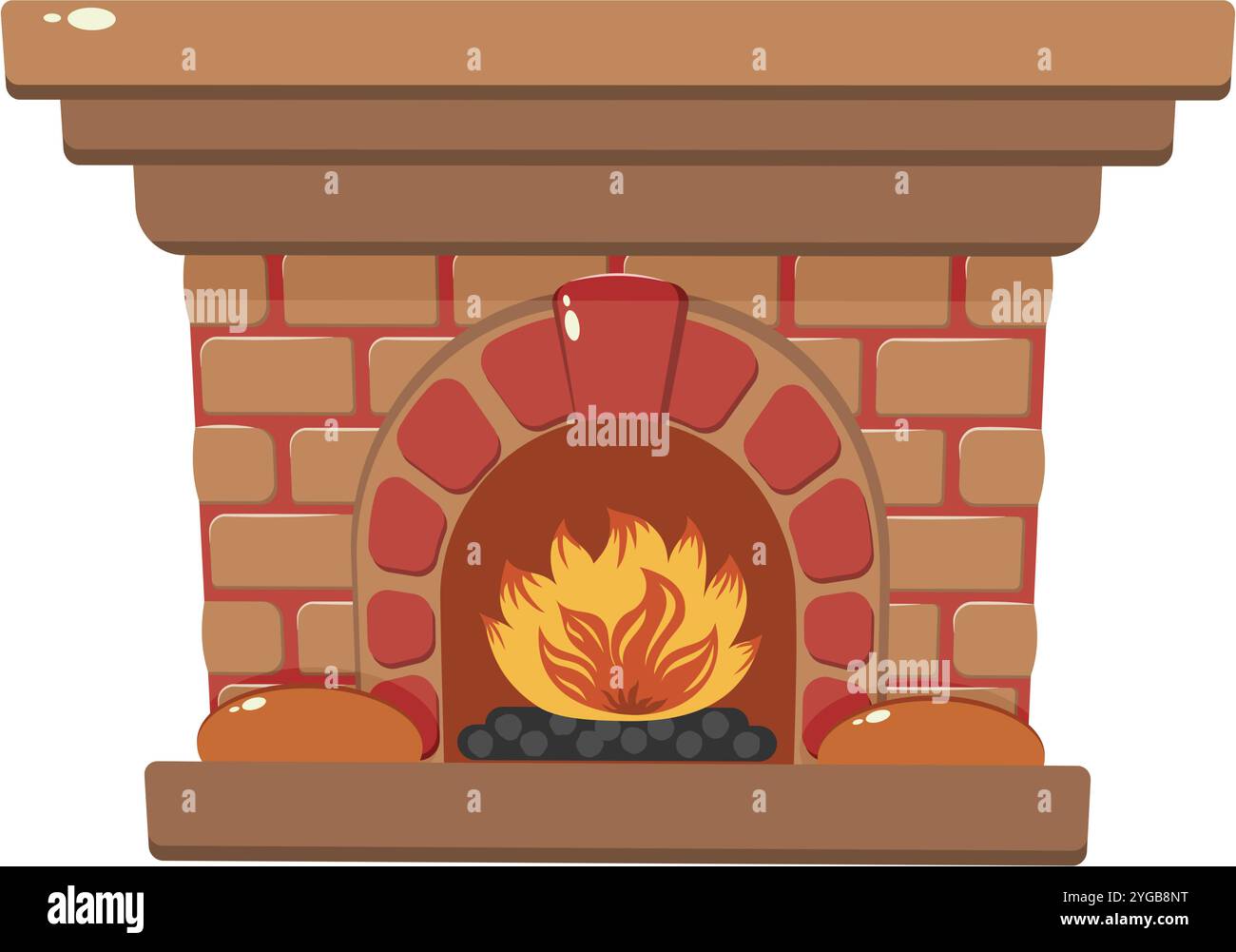 Brick fireplace with burning fire and logs on the hearth. Cozy home ...