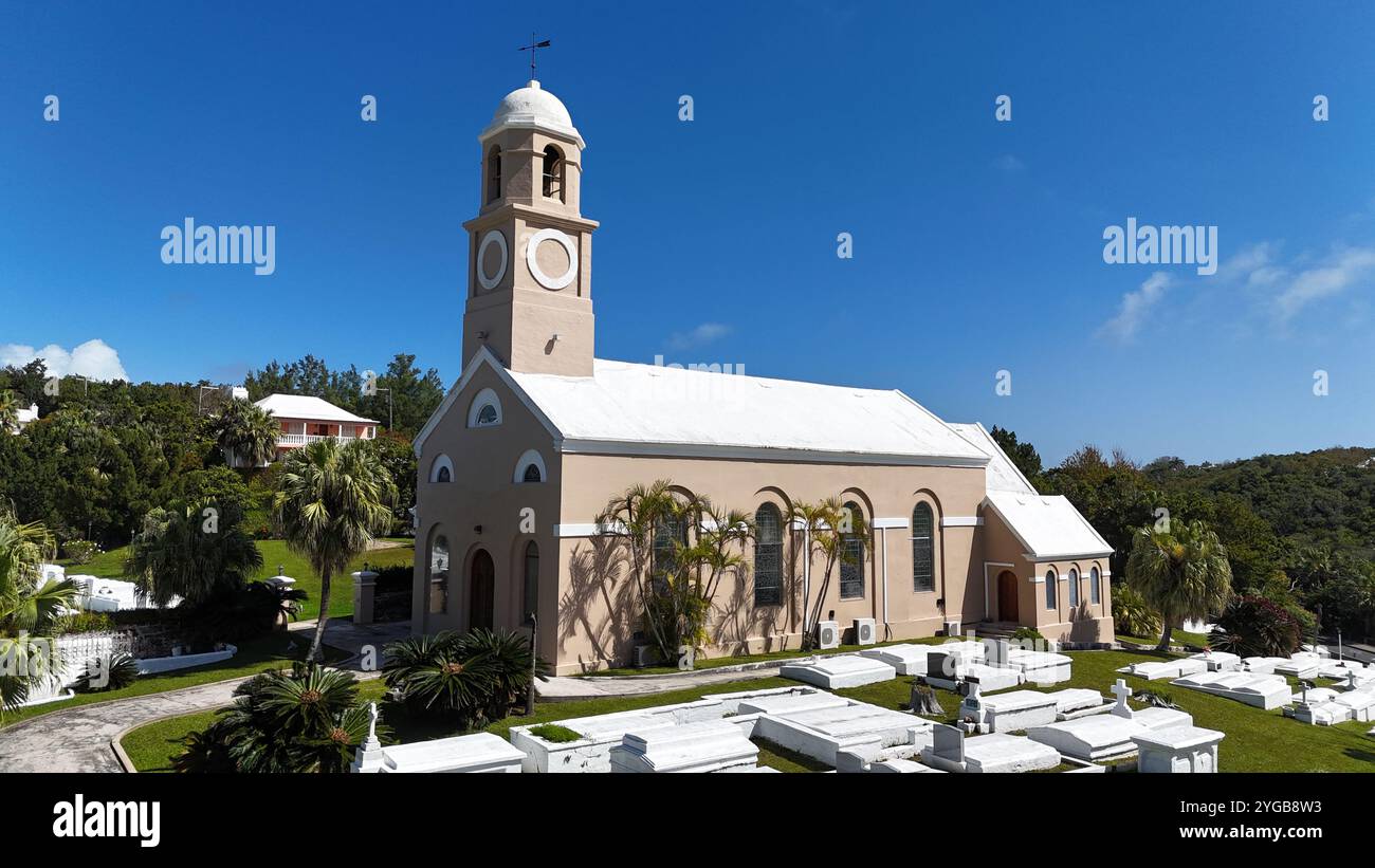 Aerial views of a popular church in the heart of Bermuda, captured by a ...