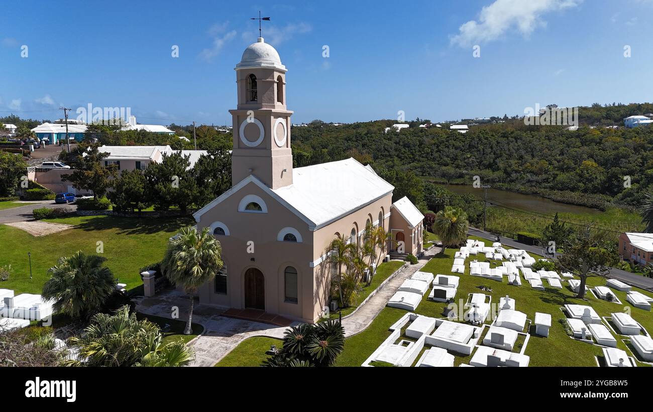 Aerial views of a popular church in the heart of Bermuda, captured by a ...