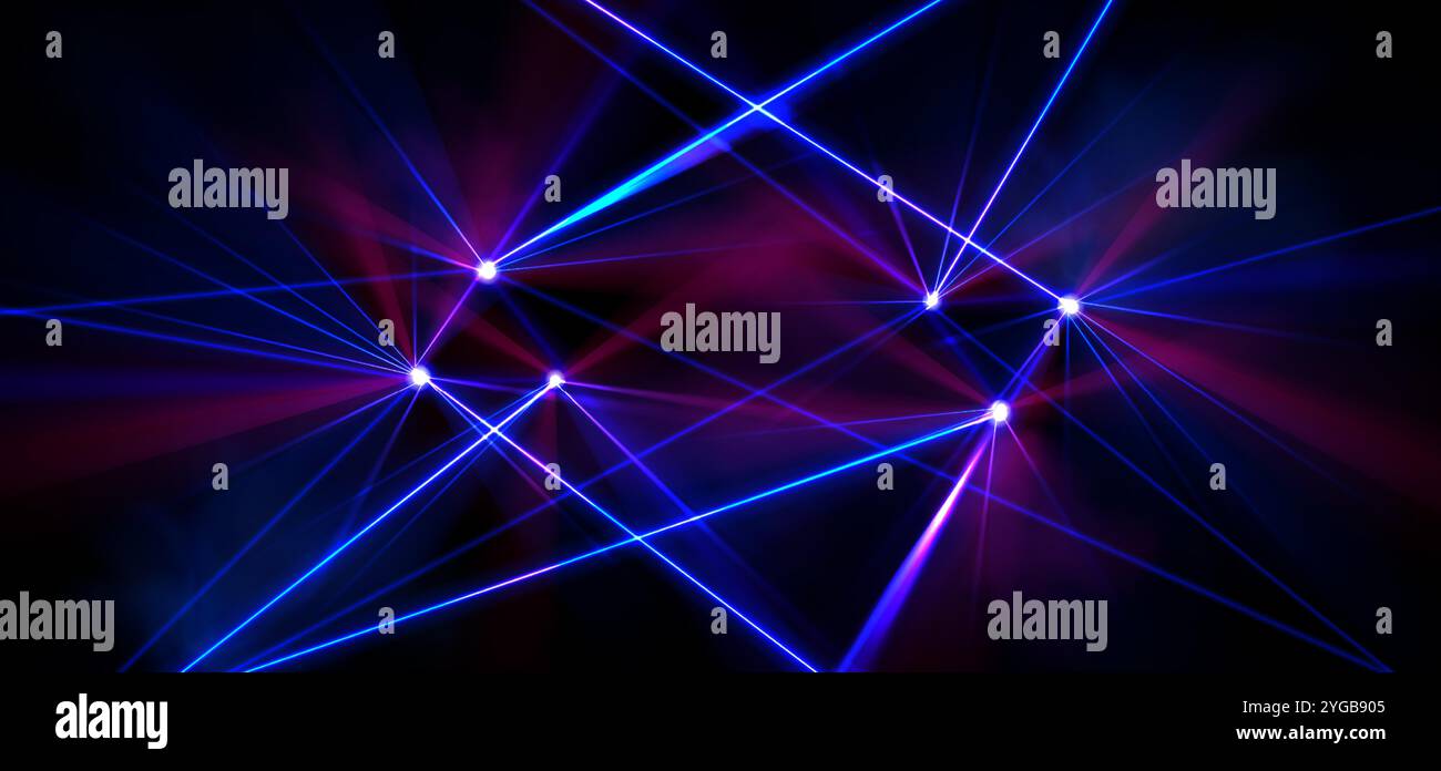 Laser show display with bright neon light beams crossing in geometric ...