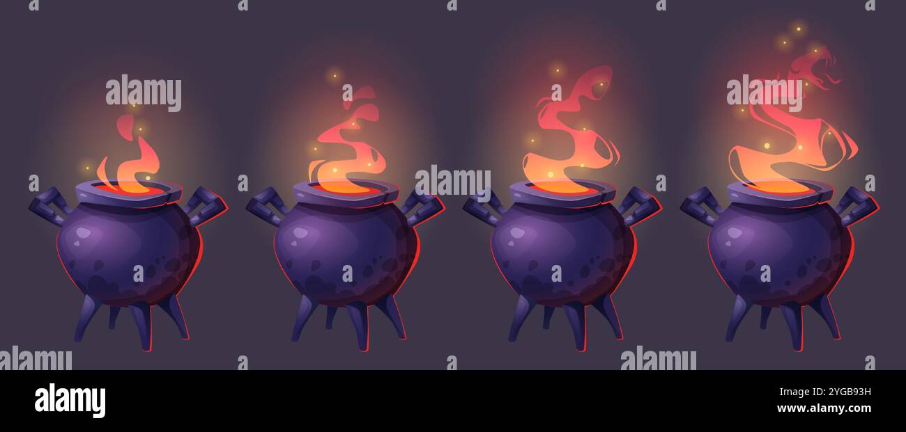 Boiling witch cauldron sprite set isolated on black background. Vector ...