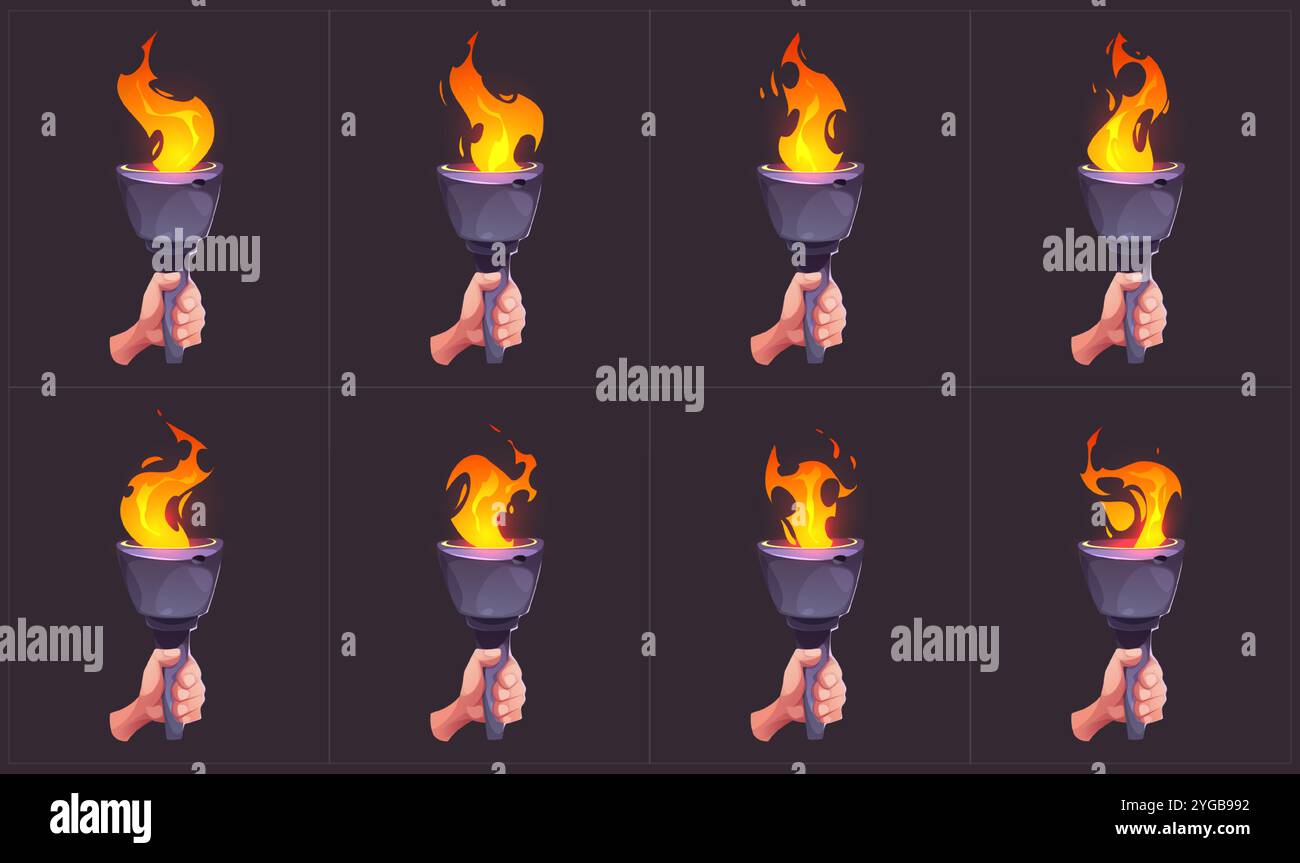 Torch fire sprite for game. Flame frame sequence cartoon vector set ...