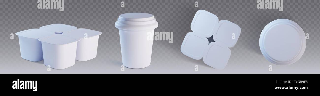 Plastic yogurt container mockup set. Sour cream package with lid top ...
