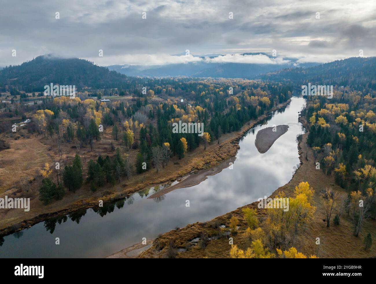 Aerial view of fall colors along the Coeur D'Alene River, Idaho, USA ...