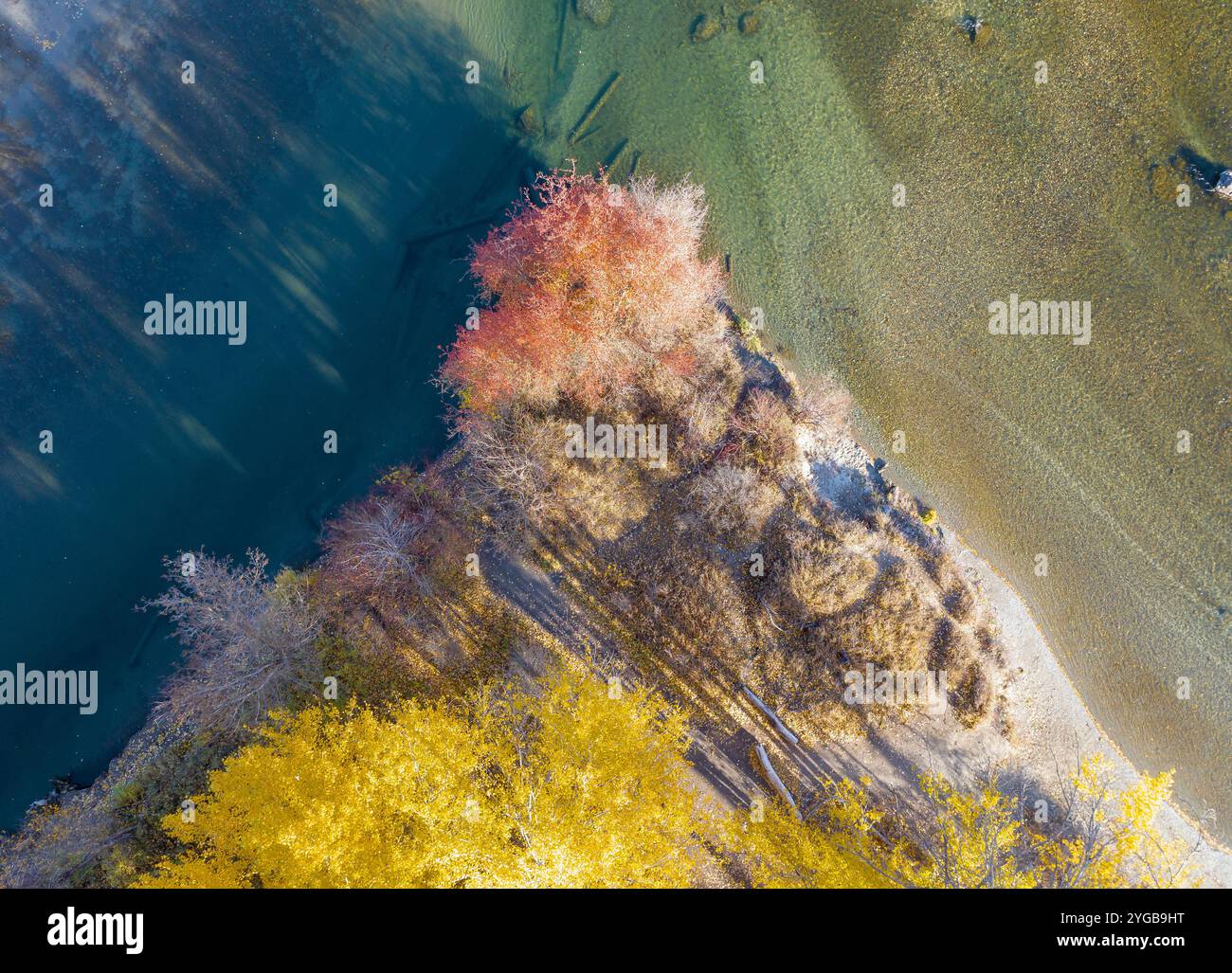 Aerial view of fall colors along the Wenatchee River, Leavenworth ...