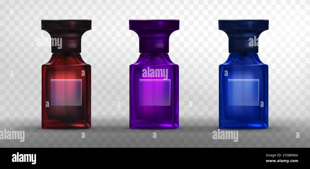 Transparent glass bottle for fragrance. Red, purple and blue perfumery ...