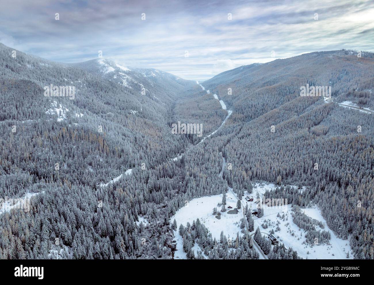 Aerial view of snow at Lookout Pass in the Coeur D'Alene National ...