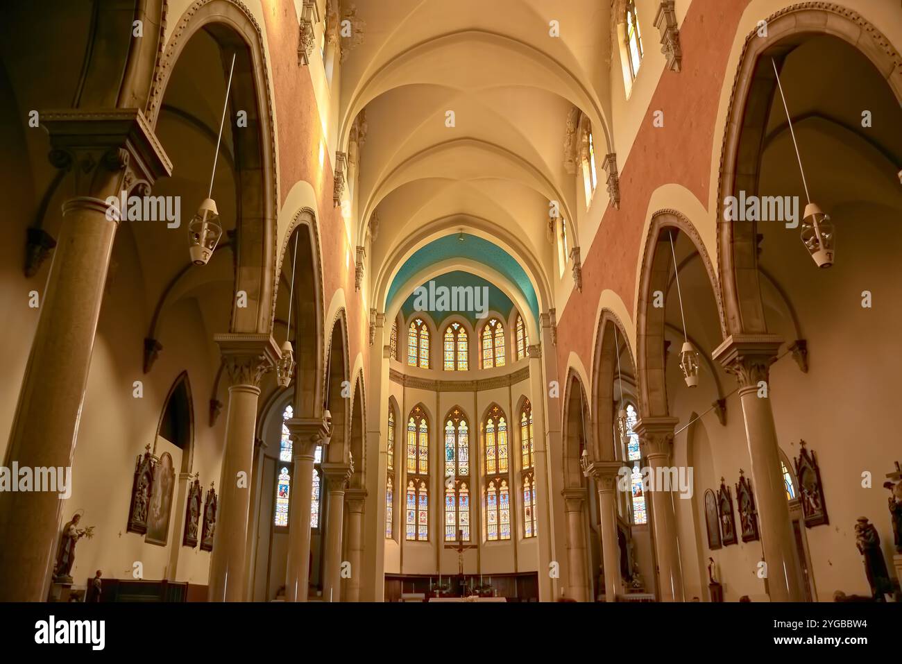 Elegant interior arches of the Capuchin Church of Our Lady of Lourdes ...