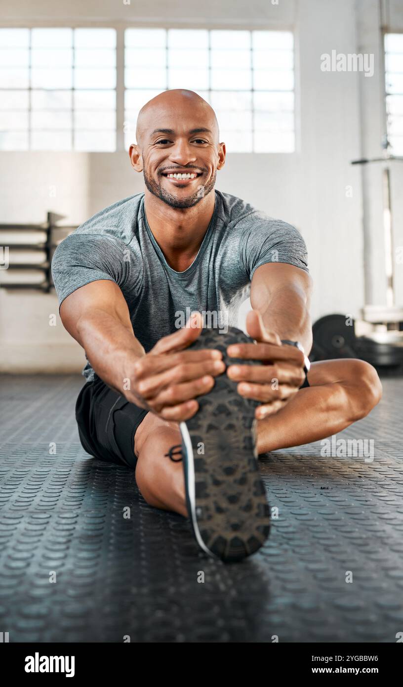 Portrait, man and legs with stretching for exercise, balance and ...