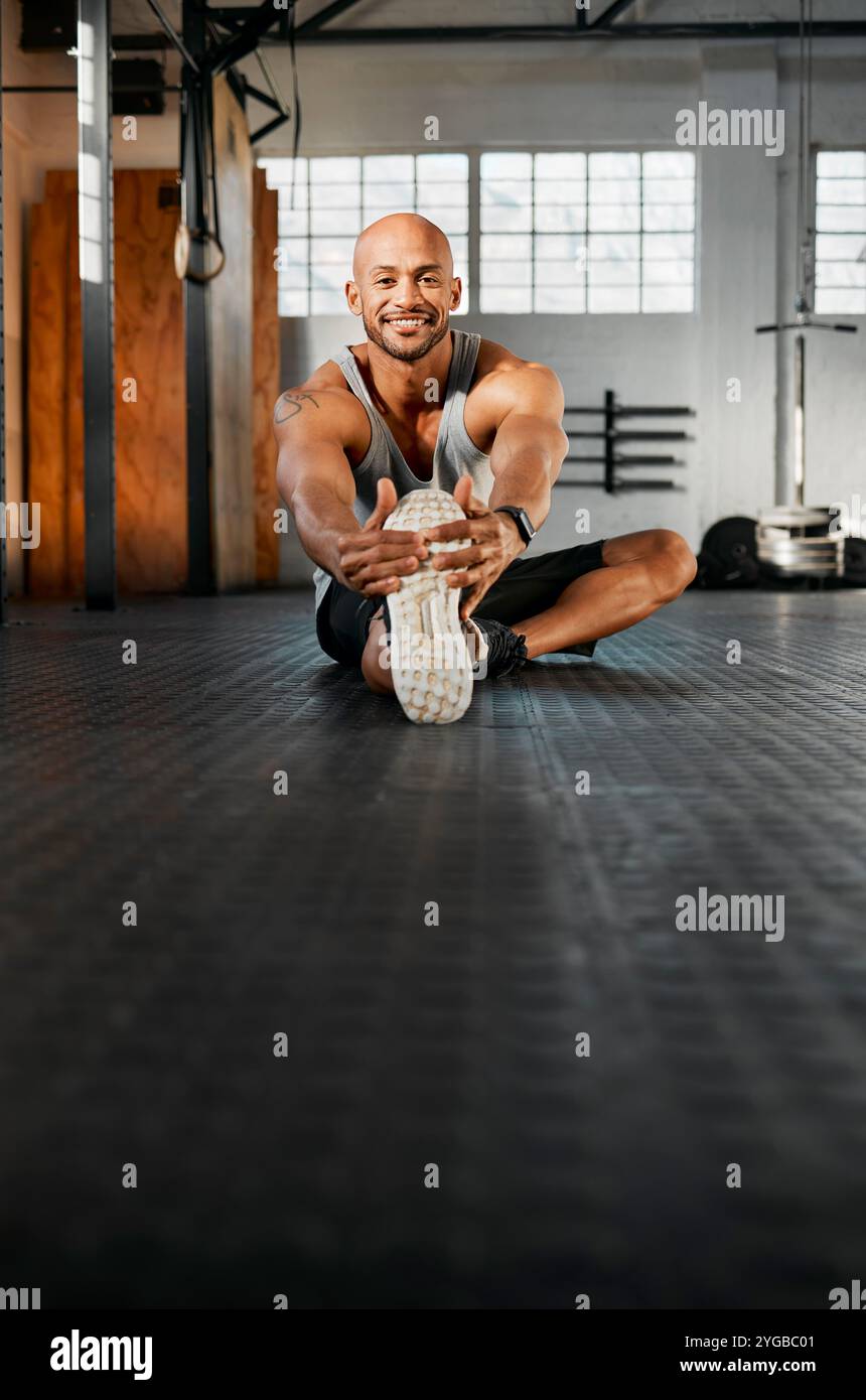 Portrait, man and legs with stretching for training, balance and ...
