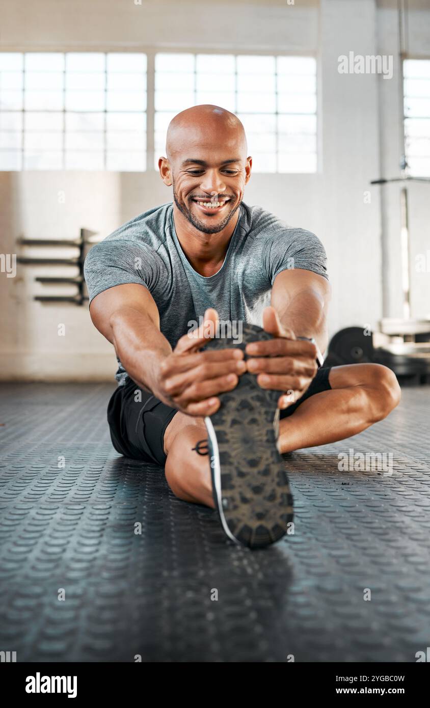 Gym, man and legs with stretching for training, balance and prevention ...