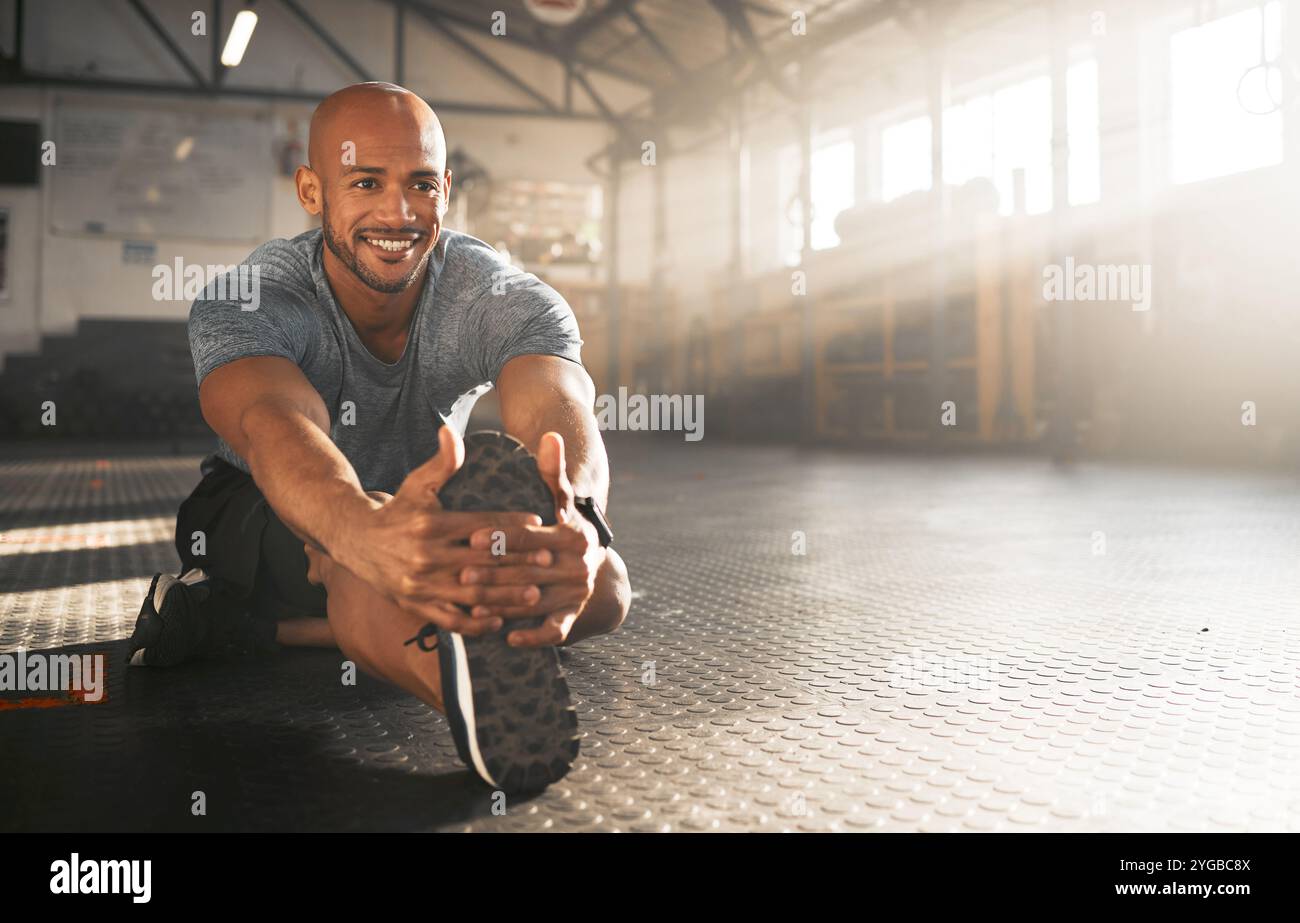 Gym, man and legs with stretching for workout, balance and prevention ...