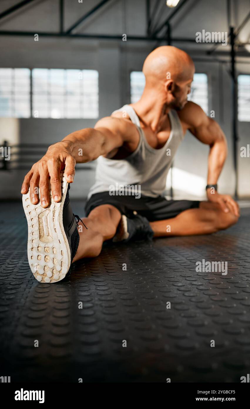 Balance, man and legs with stretching for training, fitness and ...