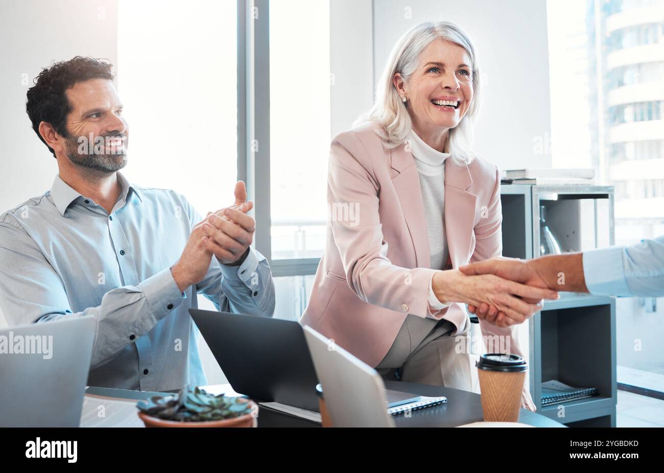 Business people, handshake and partnership with agreement, thank you ...