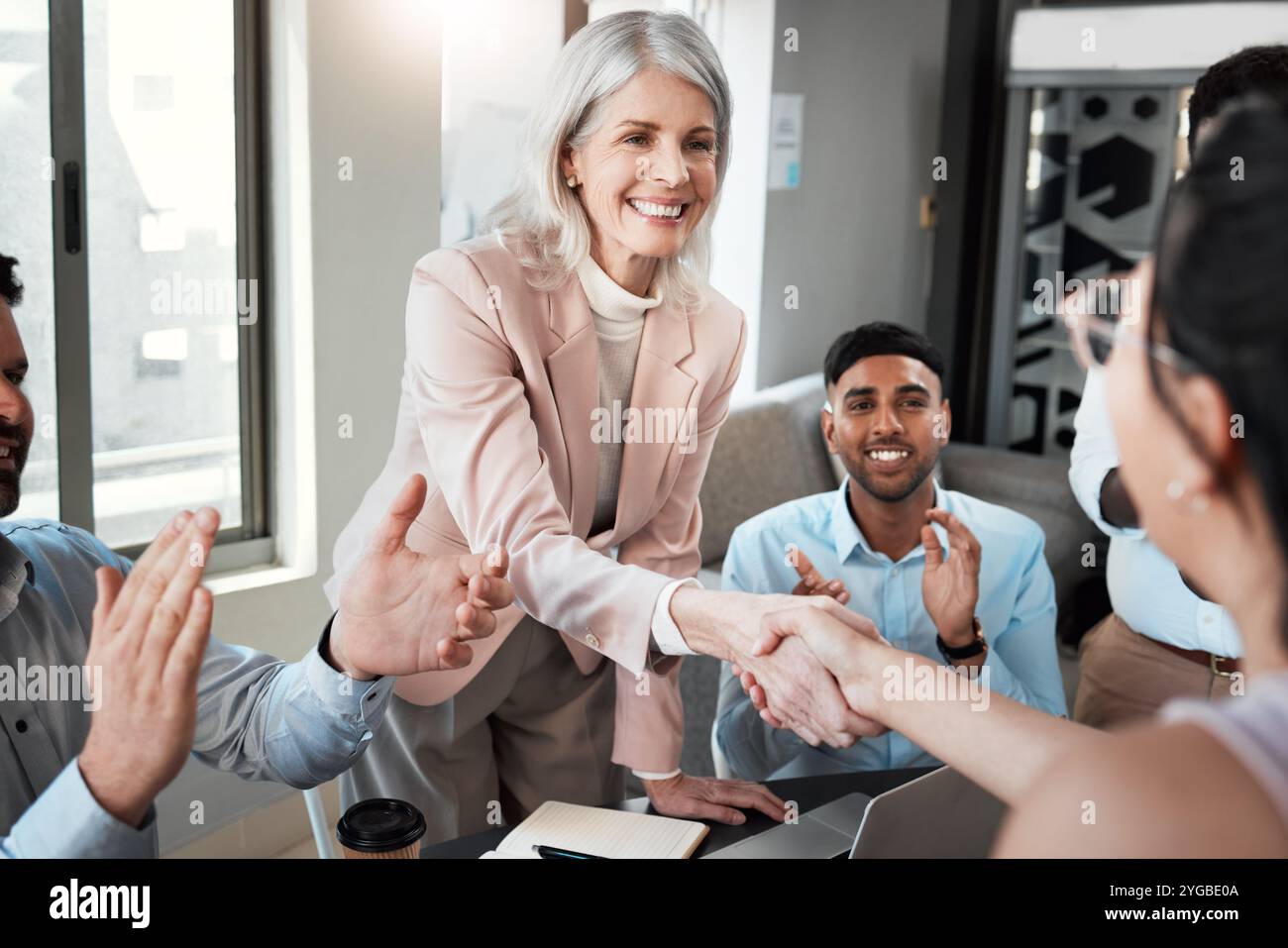Business people, handshake and partnership with agreement, achievement ...