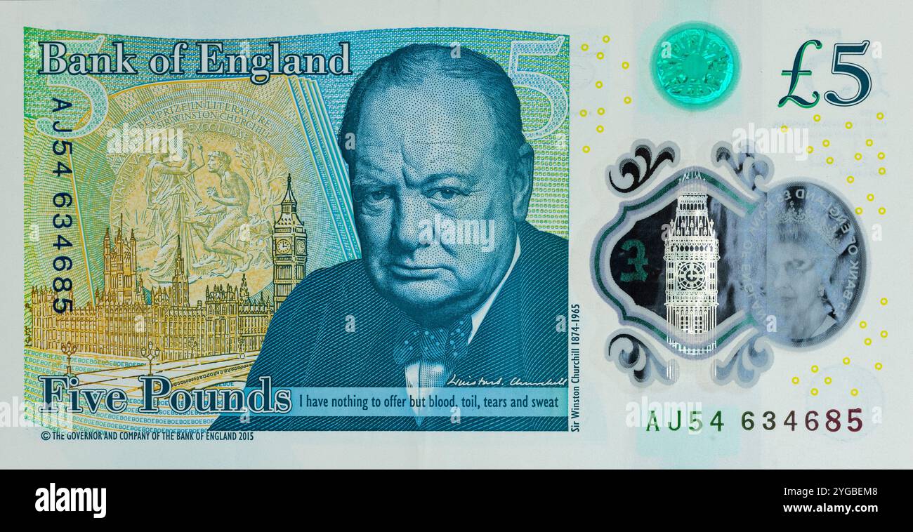 British five pounds sterling banknote with a portrait of Sir Winston ...