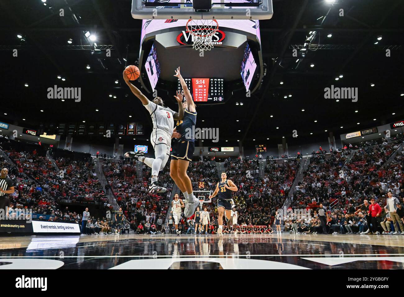 November 06, 2024: San Diego State Aztecs guard Wayne McKinney III (3) leaps under the basket ...