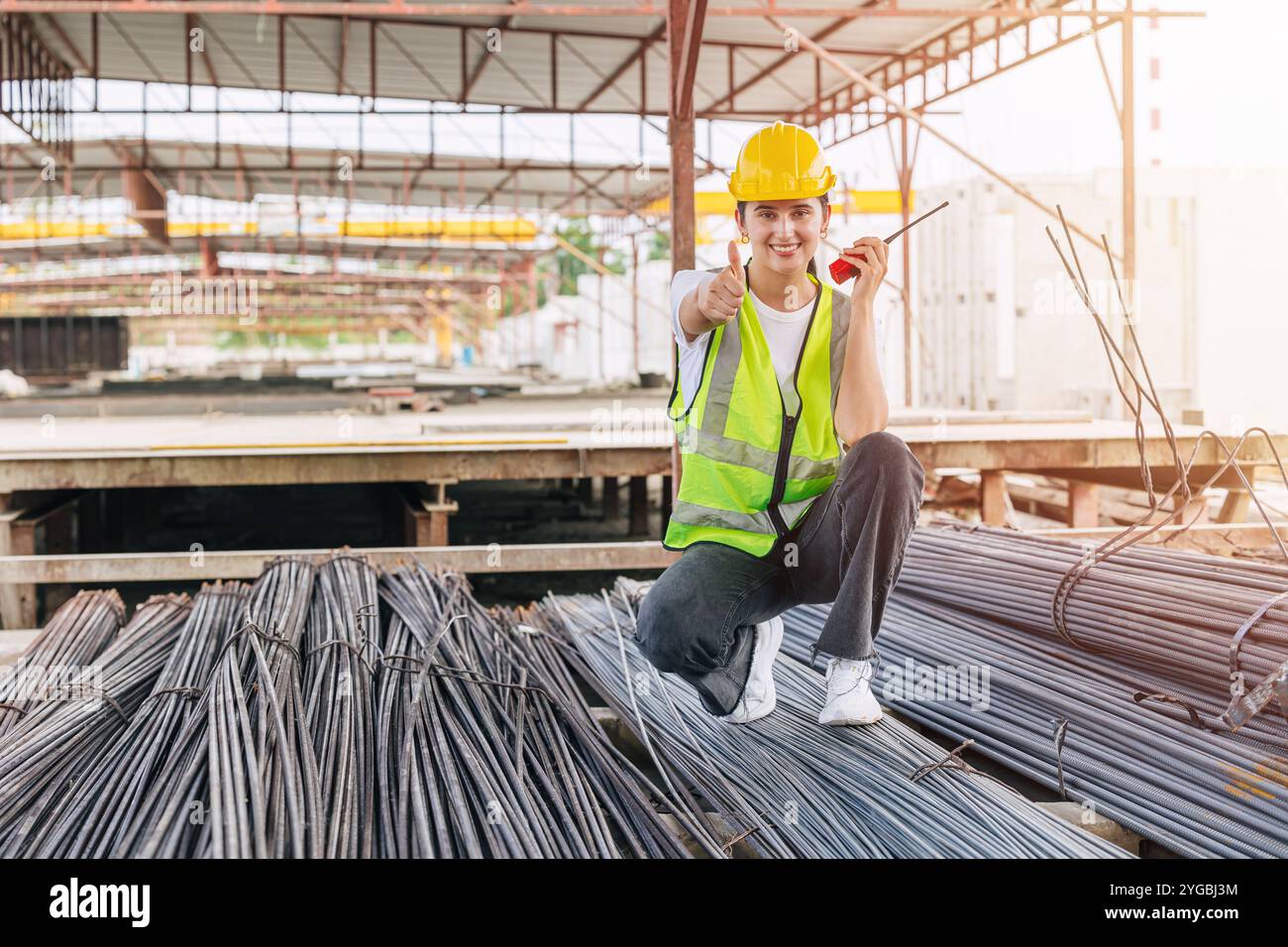 Engineer worker, Officer working check steel bar strength grade for high quality products and ...