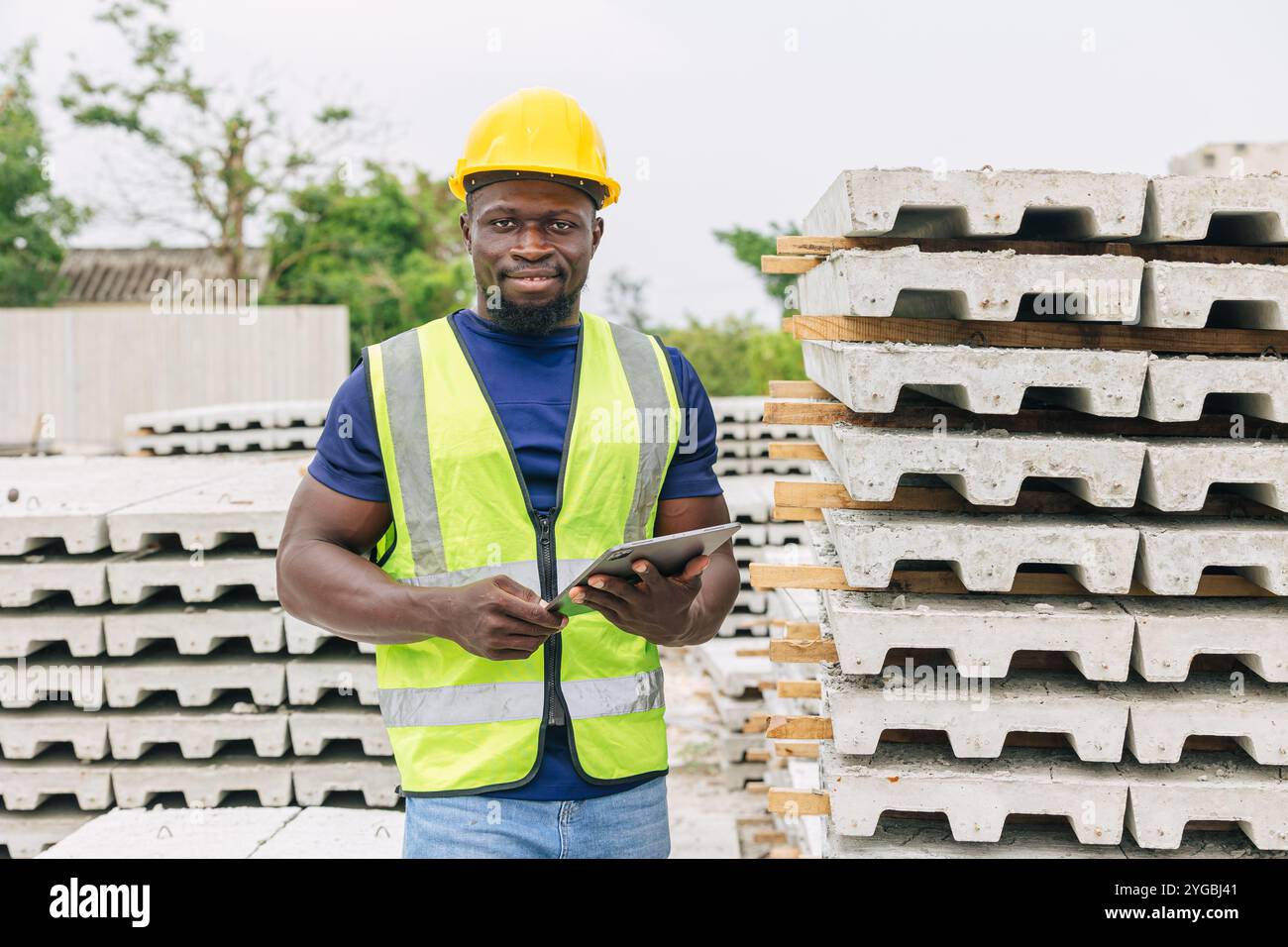 Black African construction male worker, Foreman standing happy smiling ...