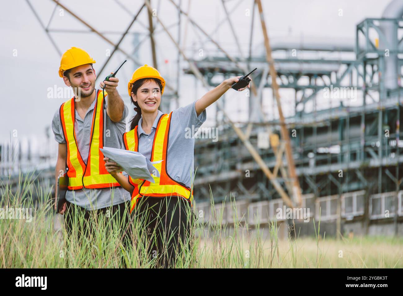 Engineer worker team working outdoor, Surveyor teamwork survey ...