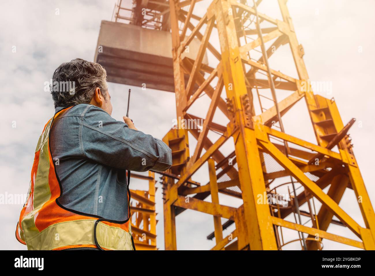 Construction engineer worker construction site radio control operation ...