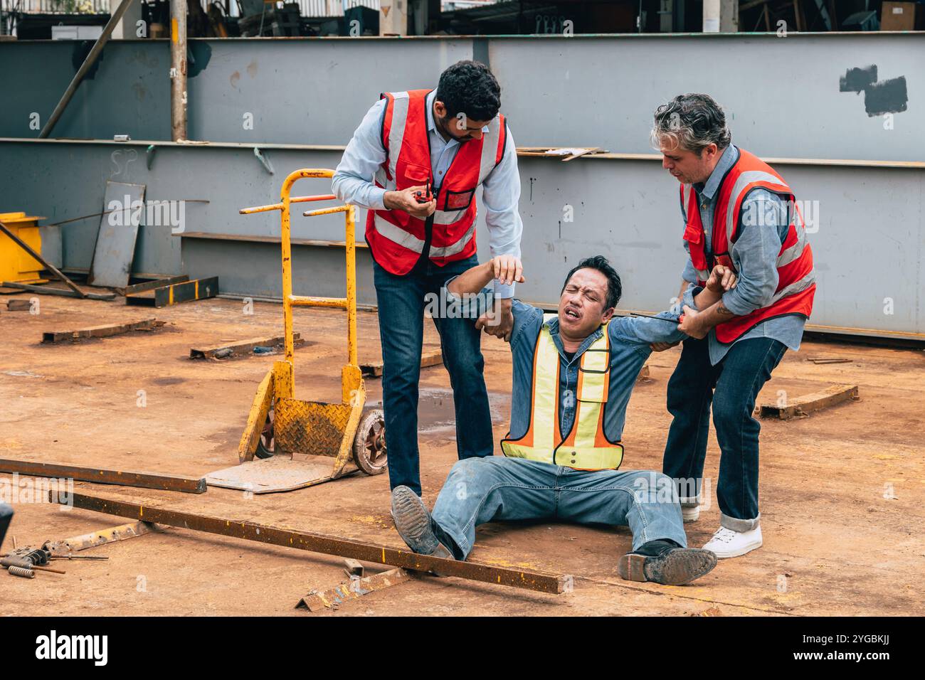 Accident worker injury, man down at construction site, construction ...