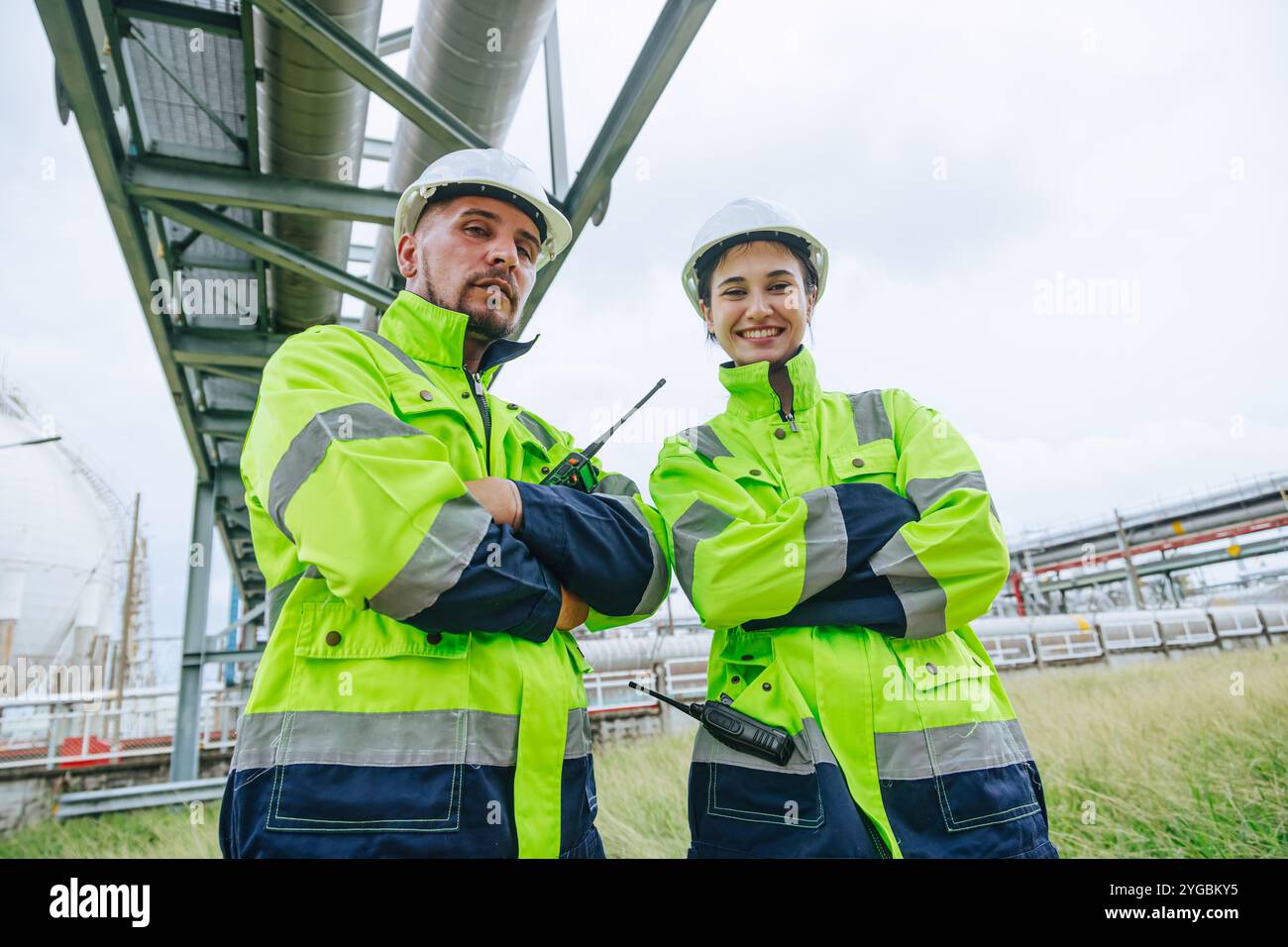 Portrait oil and gas refinery engineer people worker standing happy ...
