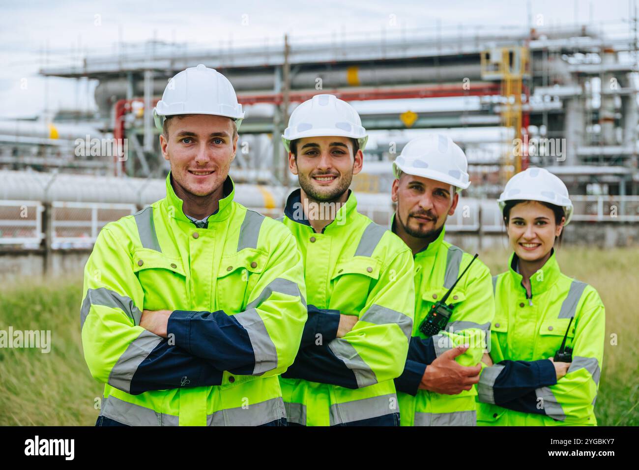 Group of oil and gas refinery engineer people worker standing happy ...