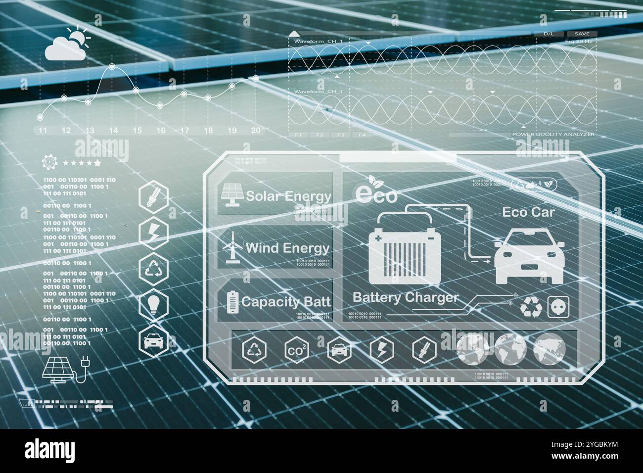 Solar Panel PV System or Solar farm Clean energy overlay graphics HUD ...