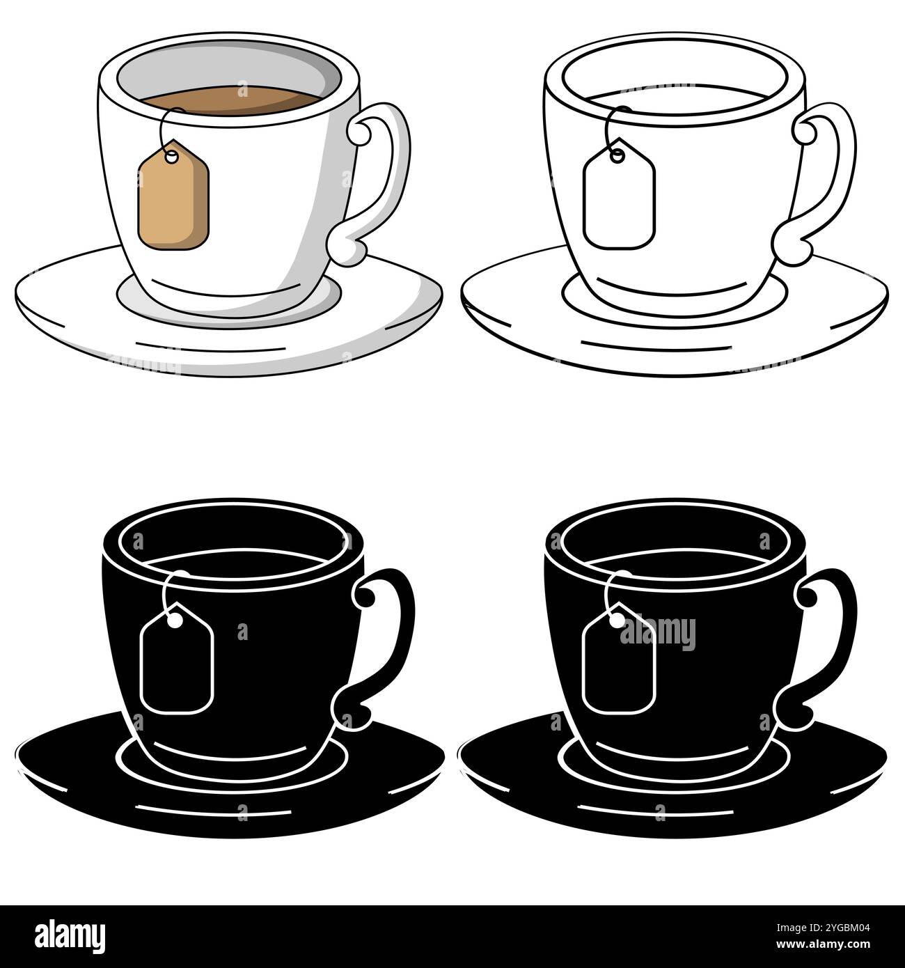 Tea cup in 4 designs, colour, black and white and black with a knockout ...