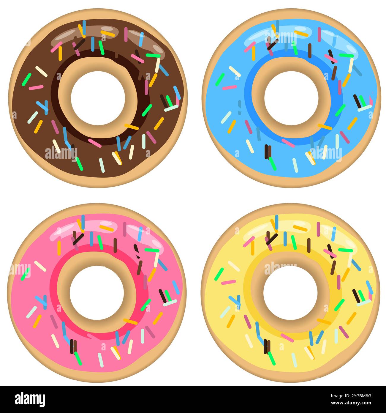 Set of colourful Doughnuts with sprinkles and glazed icing, isolated on a white background Stock ...