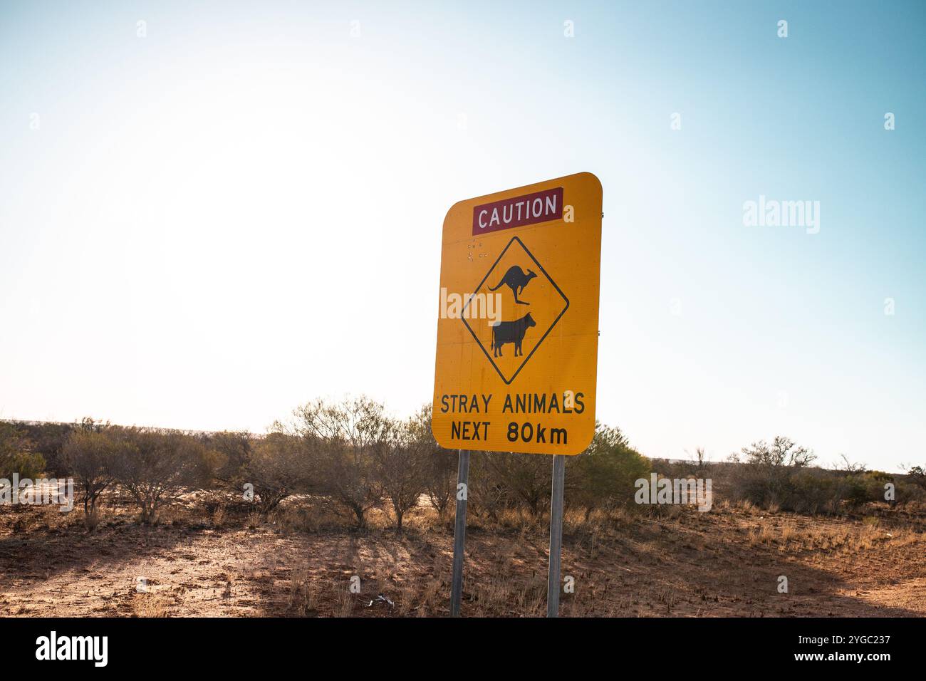 Yellow and red caution road sign in the outback of Western Australia ...