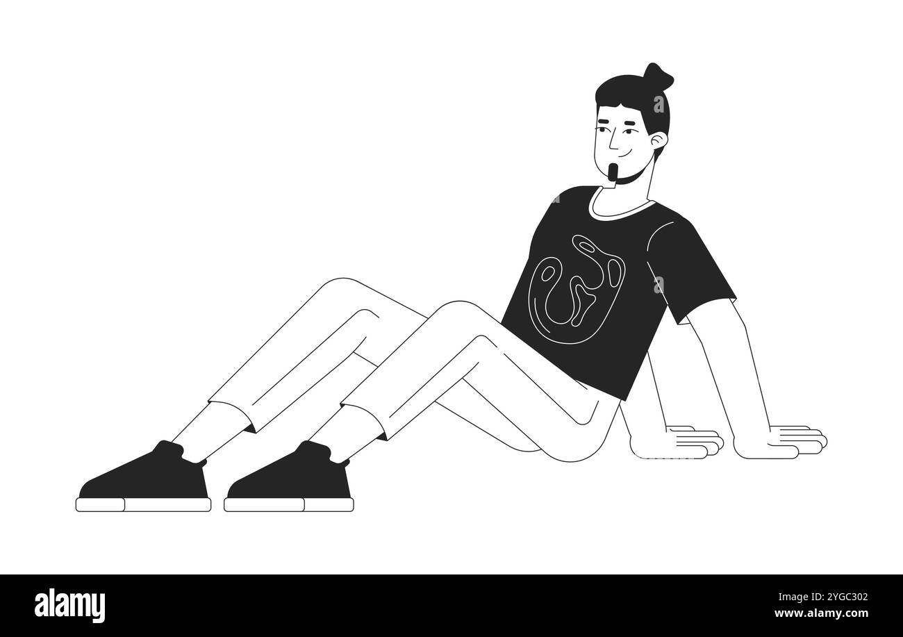 Sitting on floor man leaning back on hands black and white 2D line ...