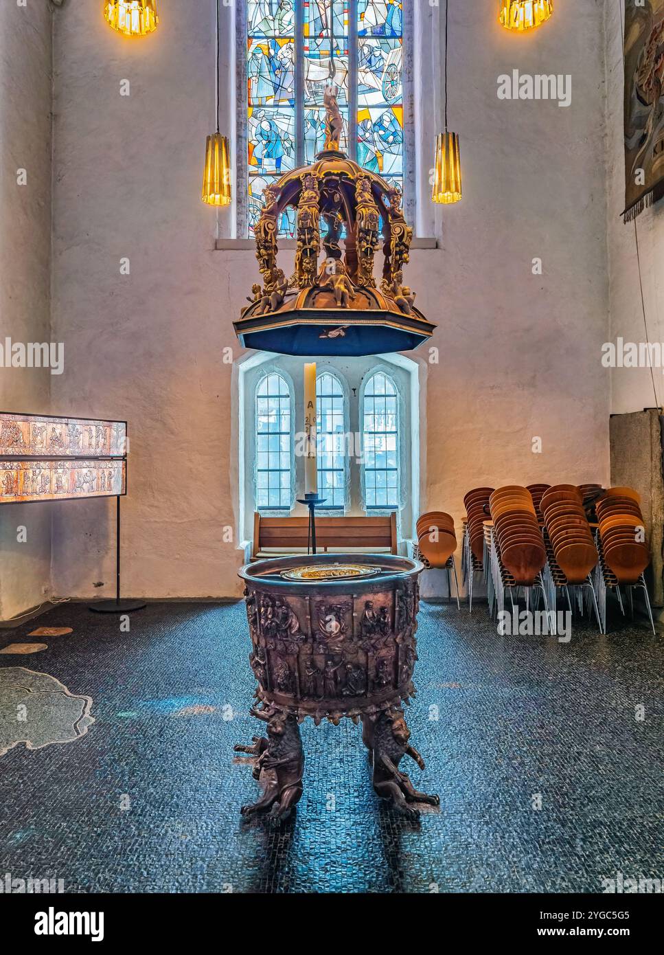 Majestic interior of a historic church, featuring stained glass windows ...