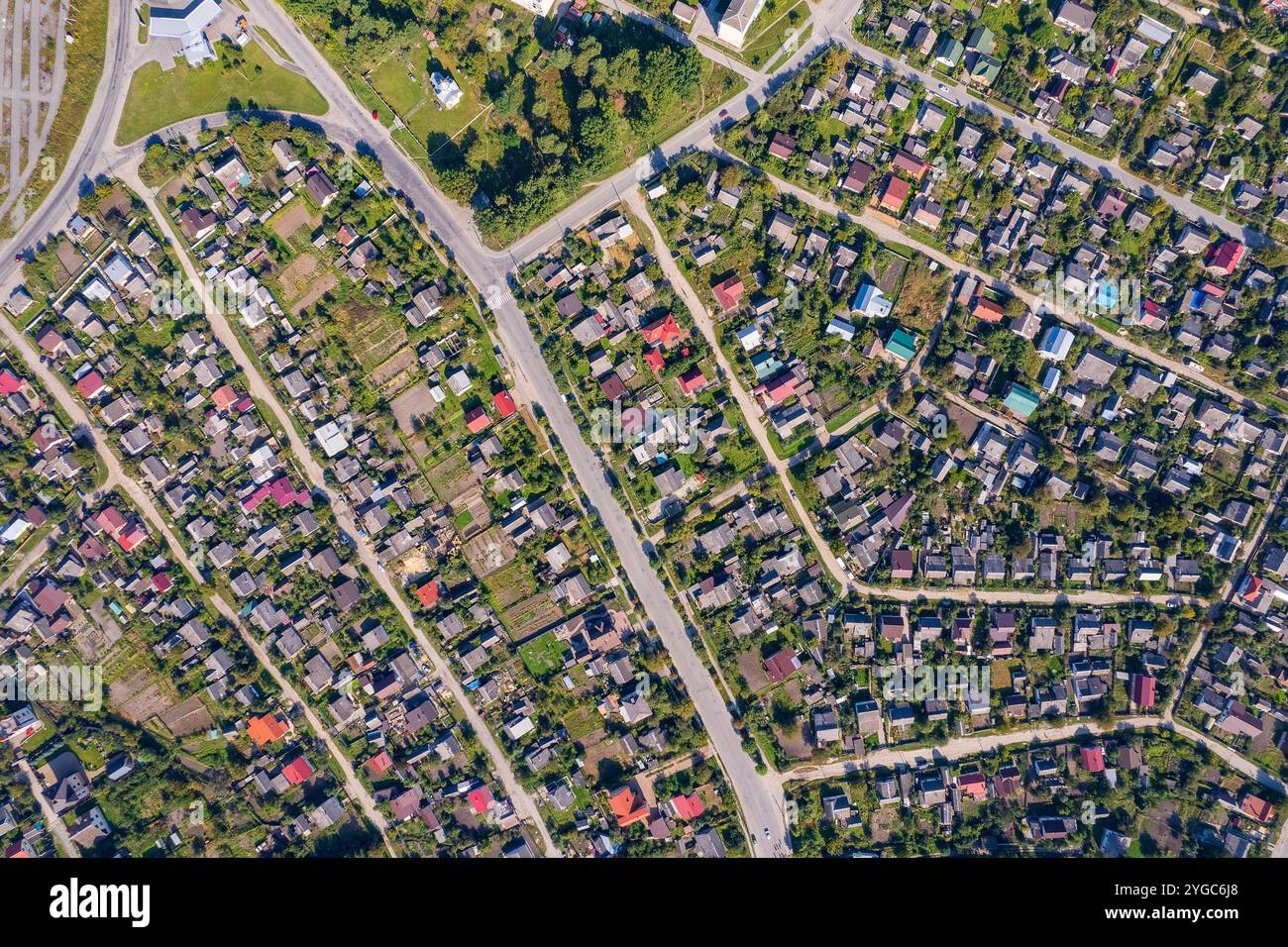 Aerial view from drone on Ukrainian village in summer day. Private ...