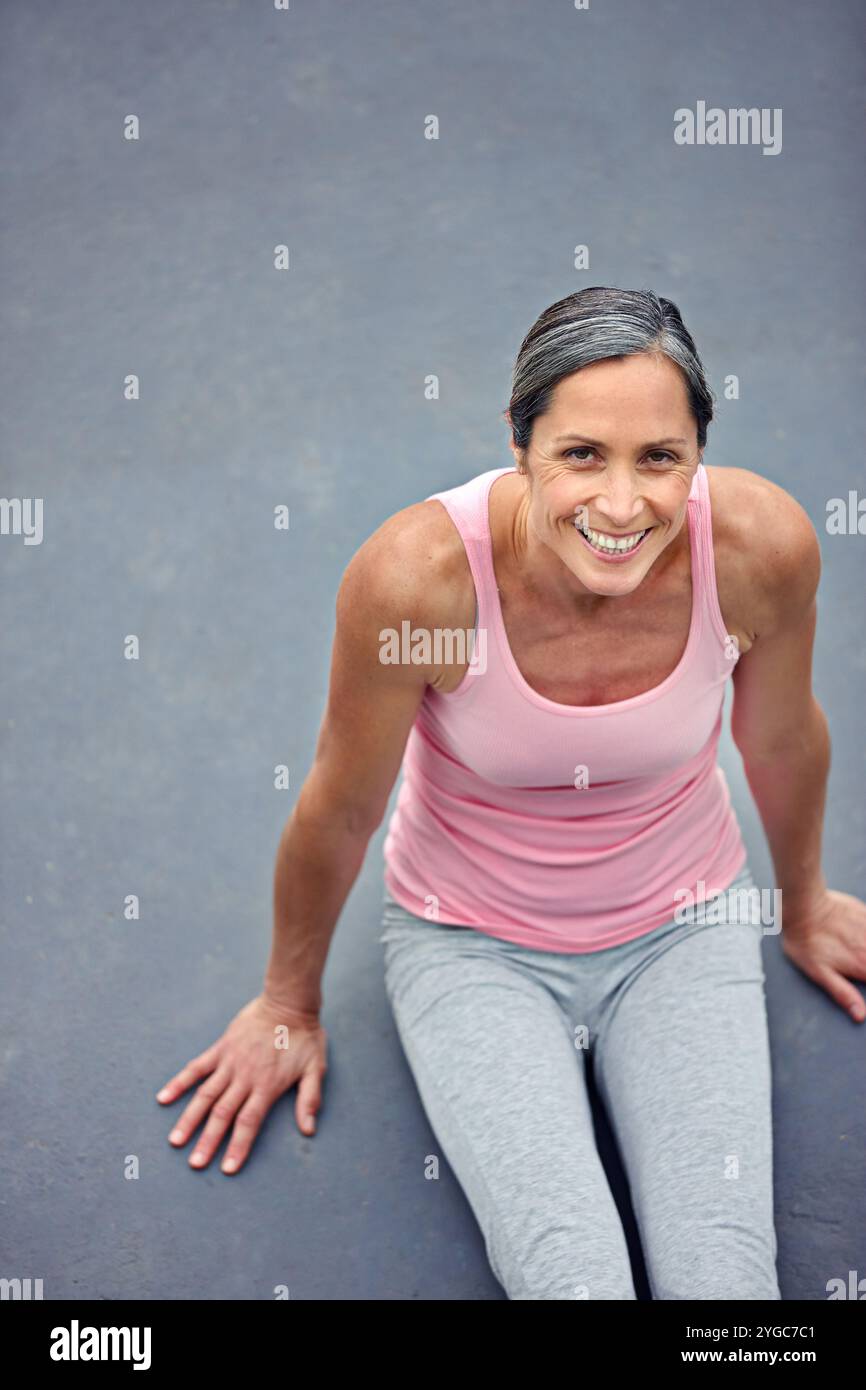 Above, mature woman and fitness with portrait, exercise and workout ...