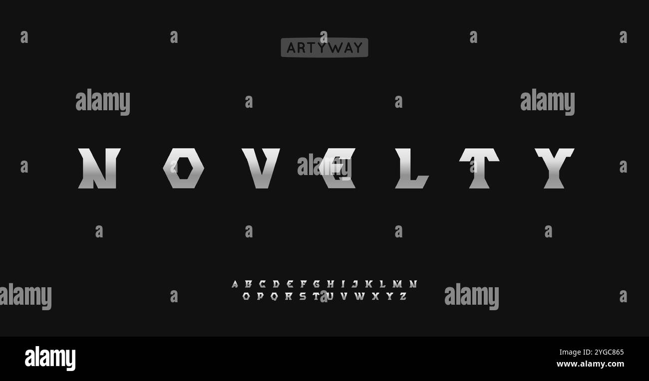 Metallic angular alphabet, bold sleek letters, chrome tech font for ...