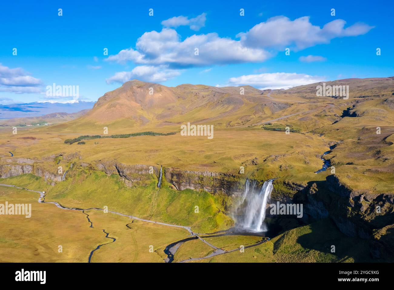 Aerial view of the waterfall of Seljalandsfoss in summer. Skogar ...