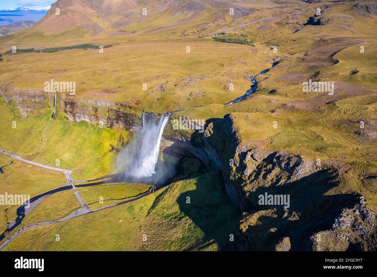 Aerial view of the waterfall of Seljalandsfoss in summer. Skogar ...