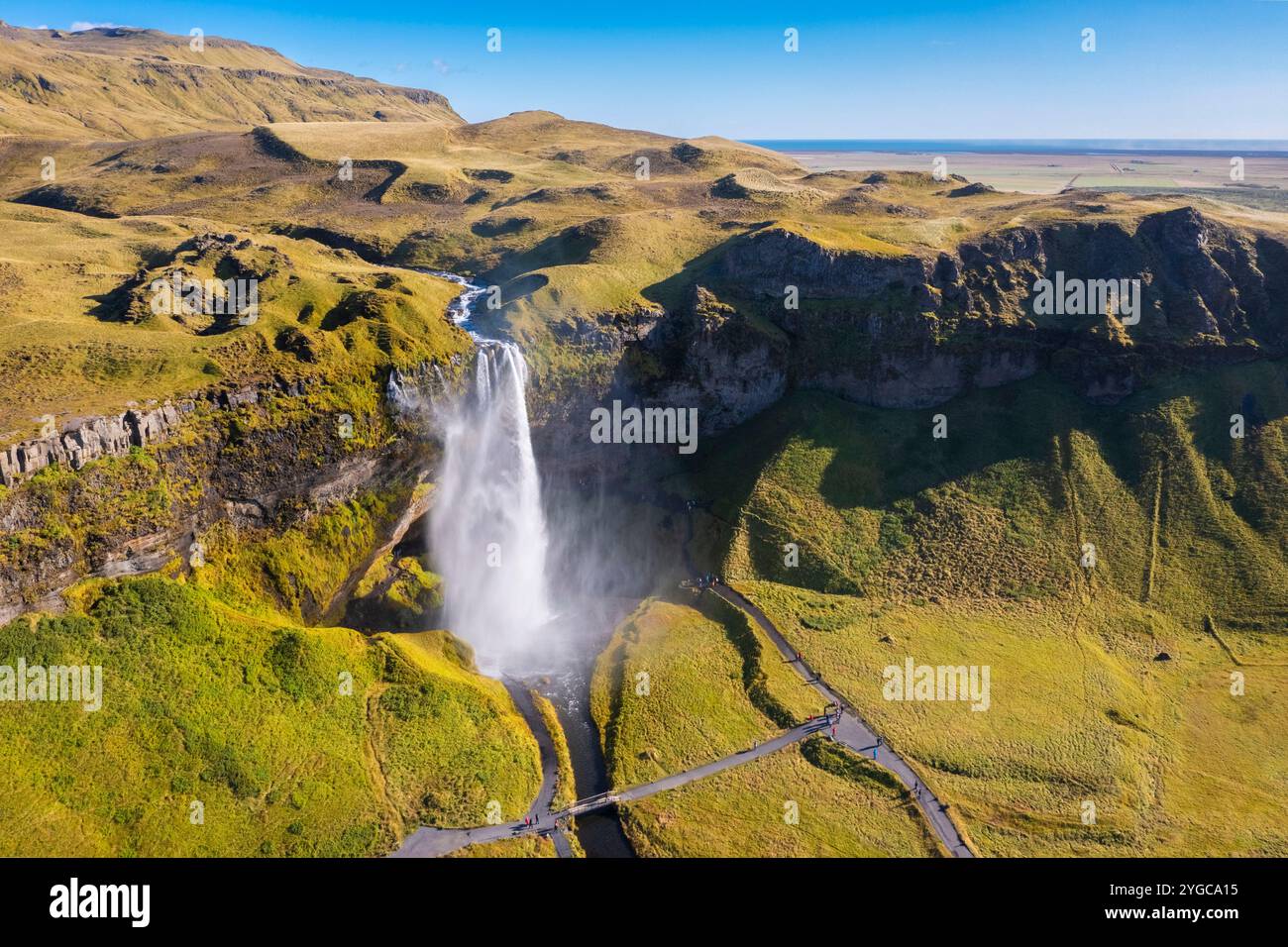 Aerial view of the waterfall of Seljalandsfoss in summer. Skogar ...