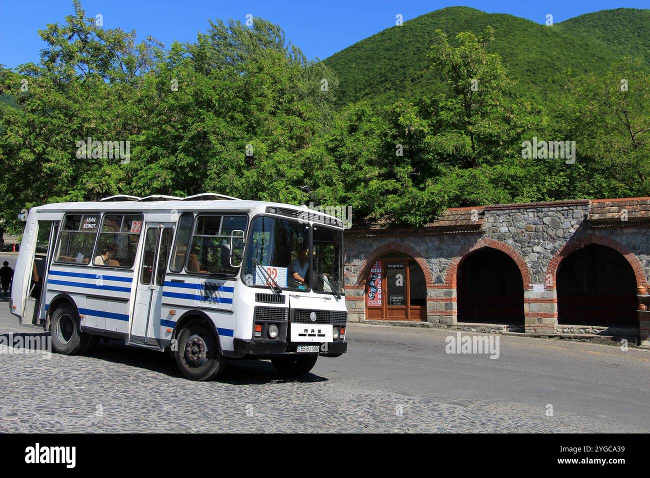 A view from Sheki city center. Schools and government buildings in ...