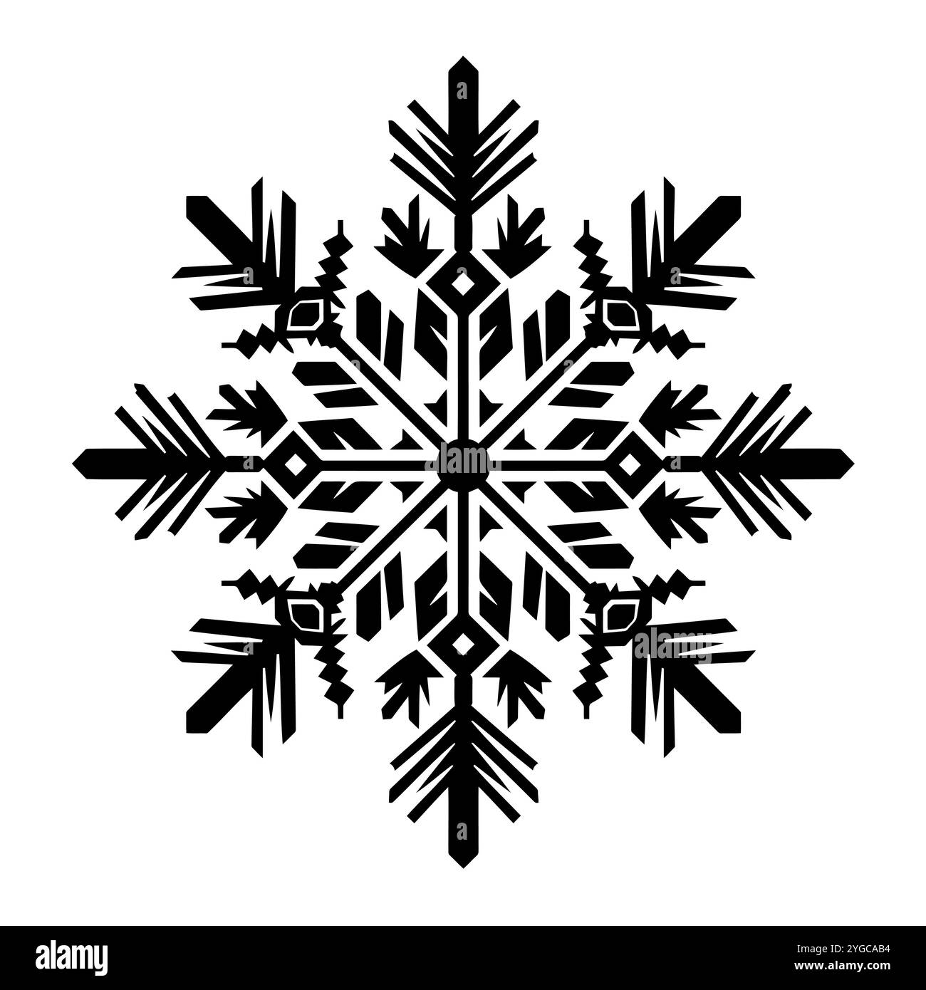 Geometric snowflake design in black and white, symmetrical outline ...